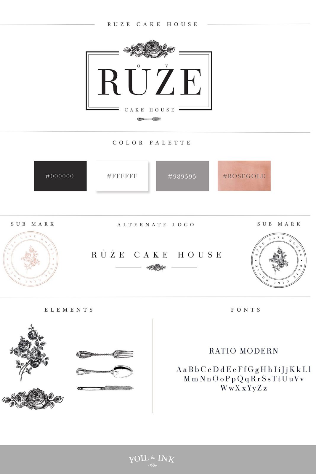 Ruze Cake House - Custom Eatery Branding - Foil & Ink